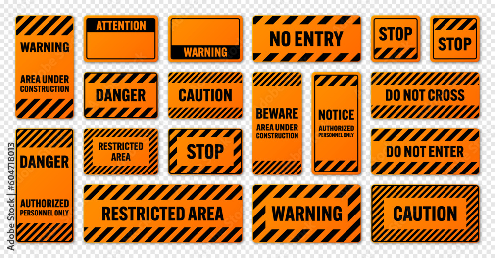Various black and orange warning signs with diagonal lines. Attention ...