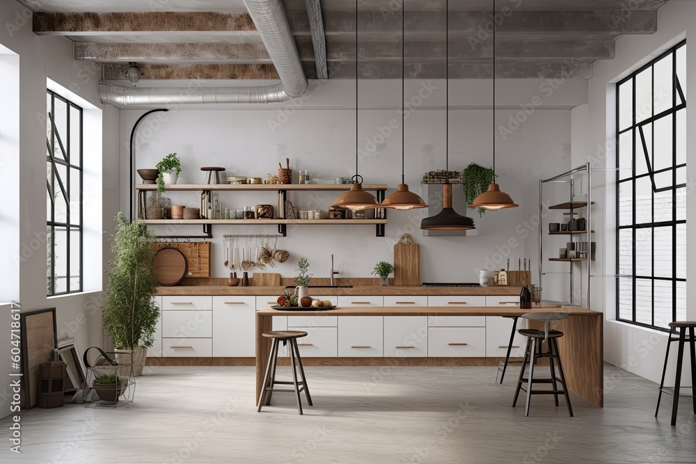 Interior of a white walled loft kitchen with a concrete floor and ...