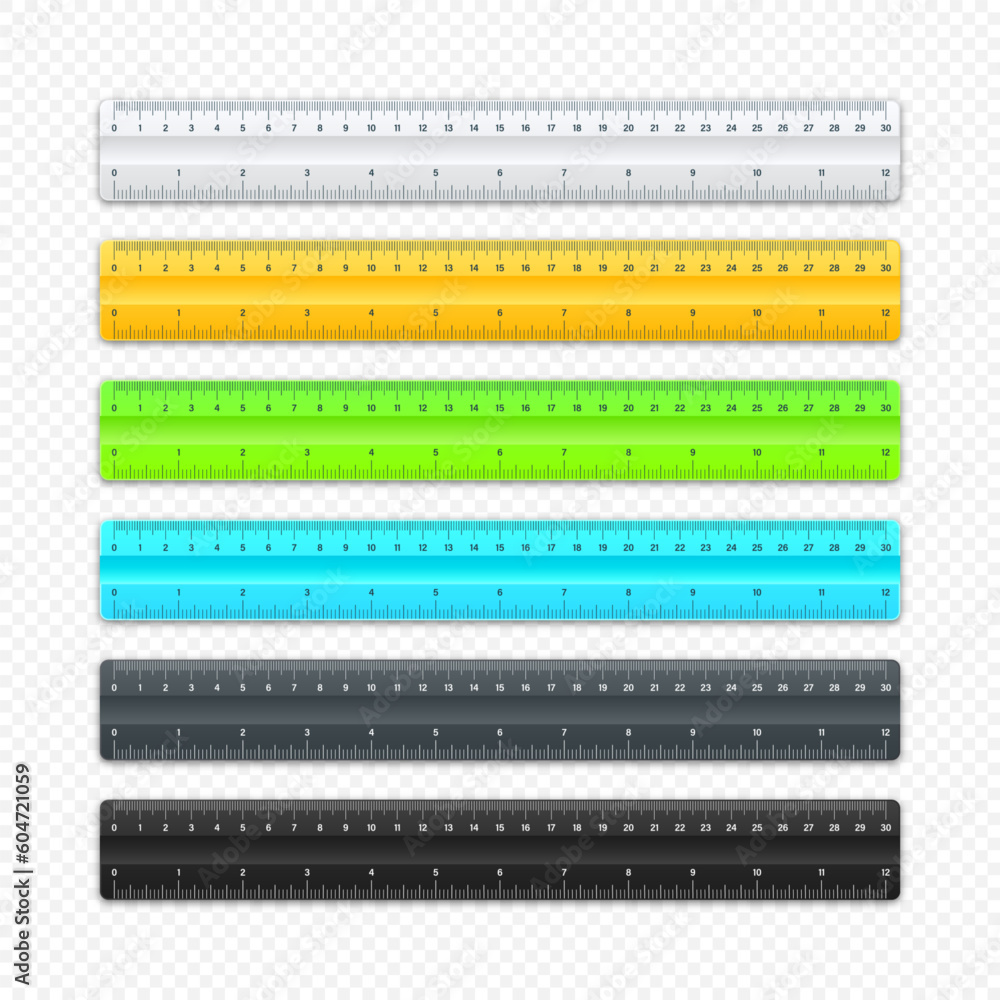 Realistic various plastic rulers with measurement scale and divisions ...
