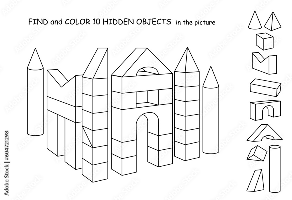 Find and color 10 hidden objects in the picture. Cubes and other shapes ...