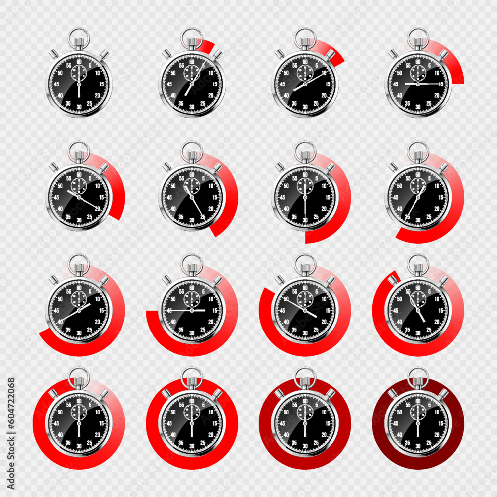 Realistic classic stopwatch. Shiny metal chronometer, black time ...