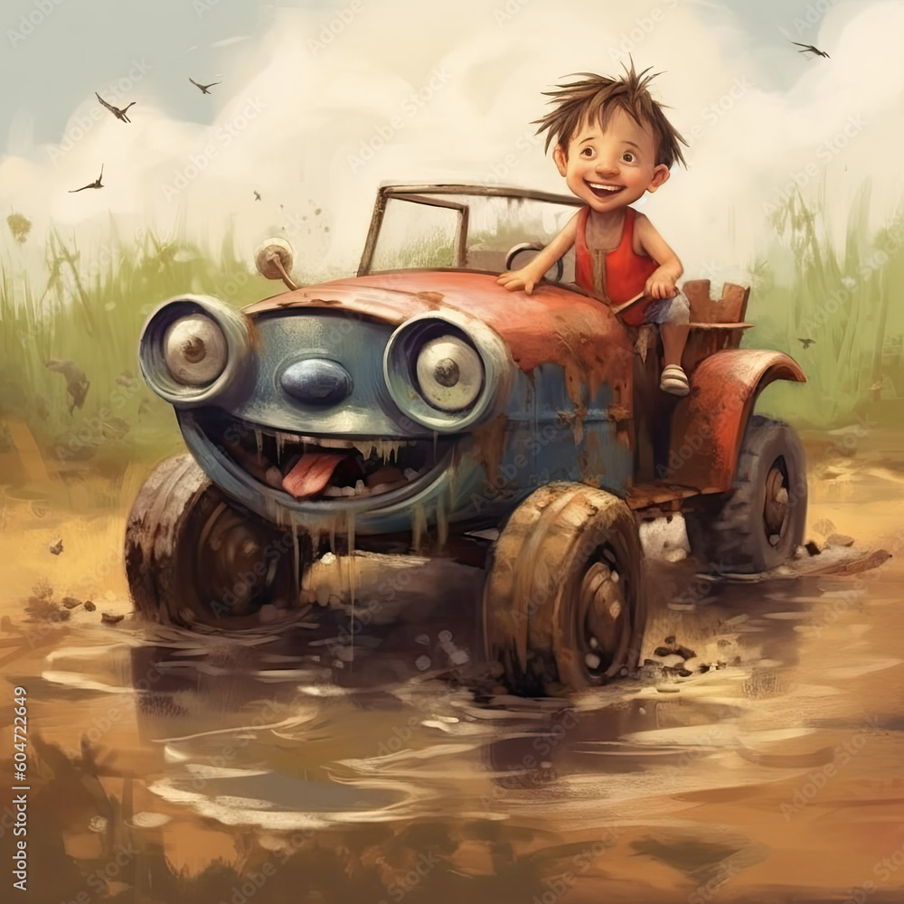 Cartoon illustration of a young boy with a play peddle car Stock ...