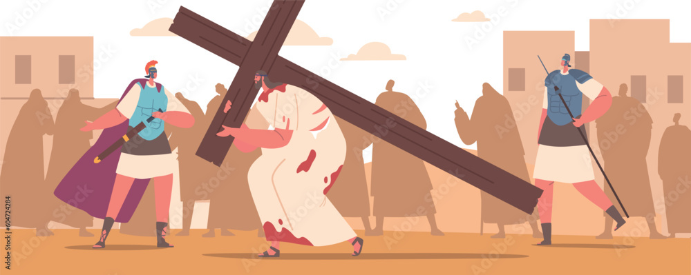 Jesus Character Carries A Wooden Cross On His Shoulders Towards His ...