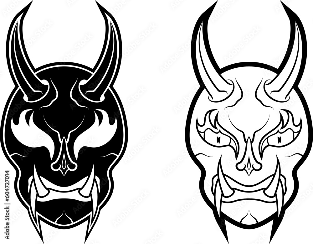 black white vector illustration of a traditional Japanese demon oni ...