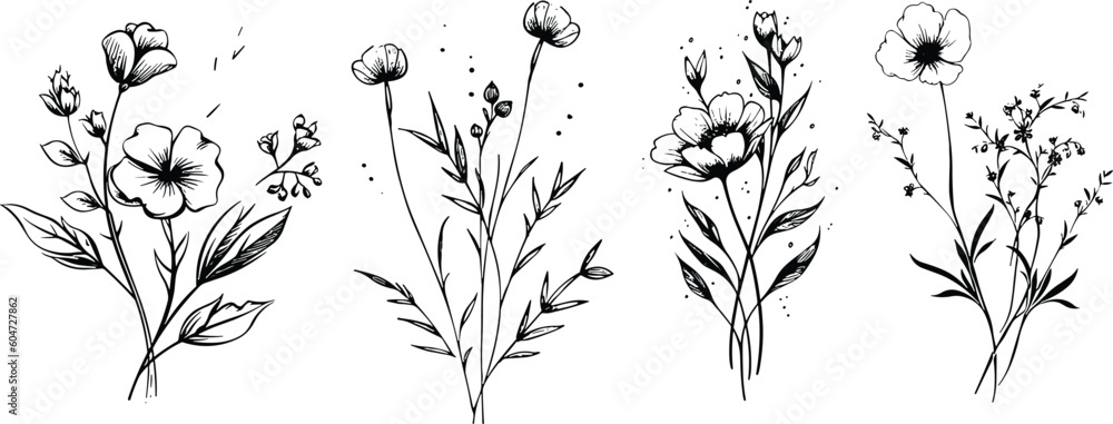 Vetor de Minimal botanical graphic sketch drawing, trendy tiny tattoo ...