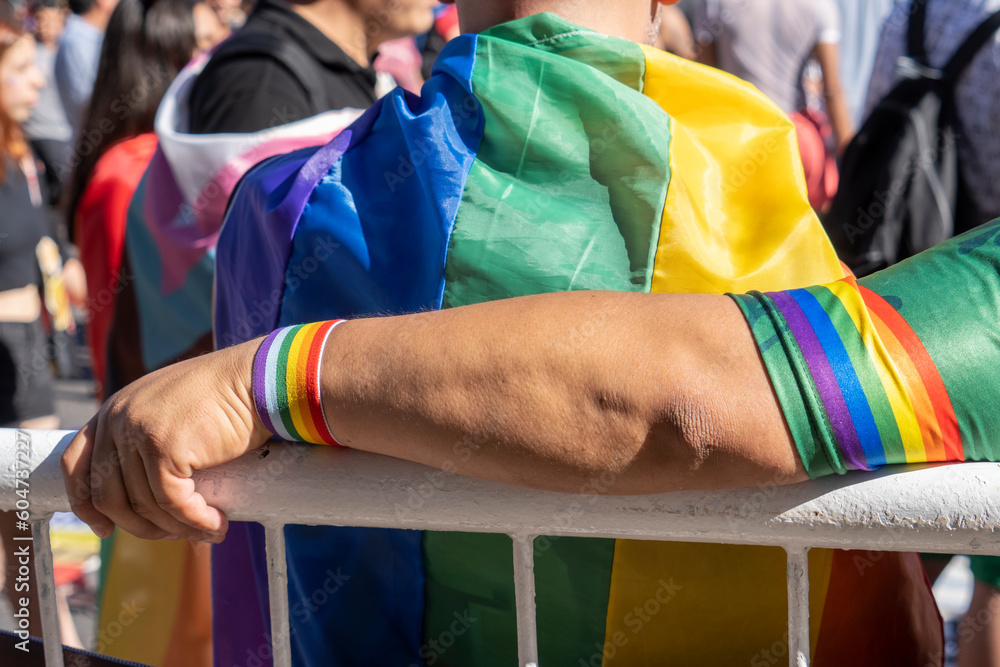 Foto de LGBTQ male couple from back with a rainbow flag relaxing on a ...