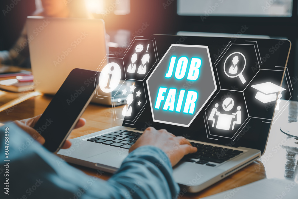 Job fair concept, Person using laptop on desk with job fair icon on ...