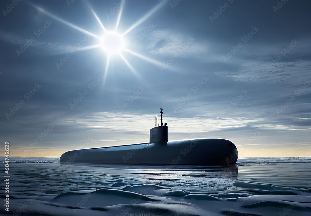 Surfaced submarine in icy artic water in sharp sunlight, created with ...