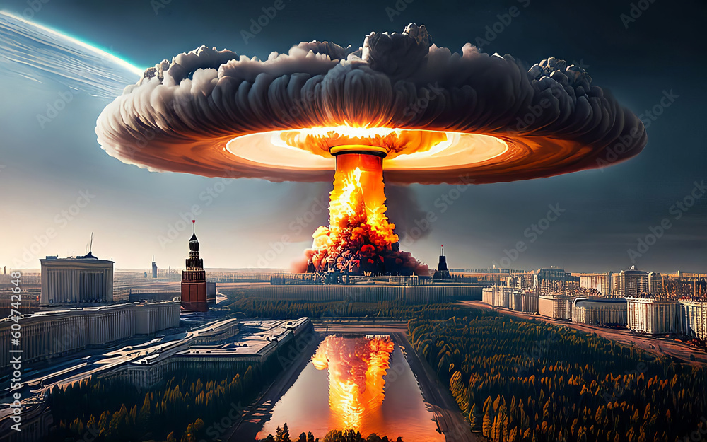Dramatic image of an atom bomb exploding in a modern city, created with ...