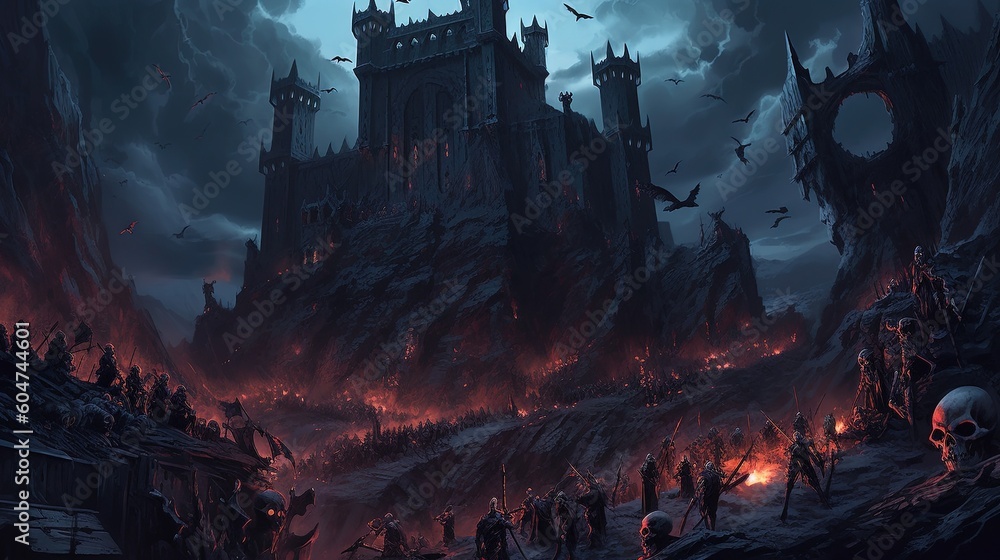 A dark-fantasy fortress with an army of undead soldiers. Fantasy ...