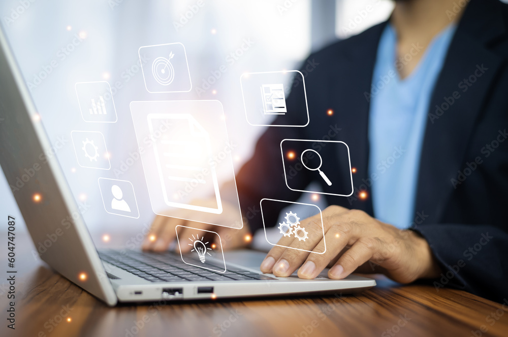 Documents management information system concept, Businessman using ...