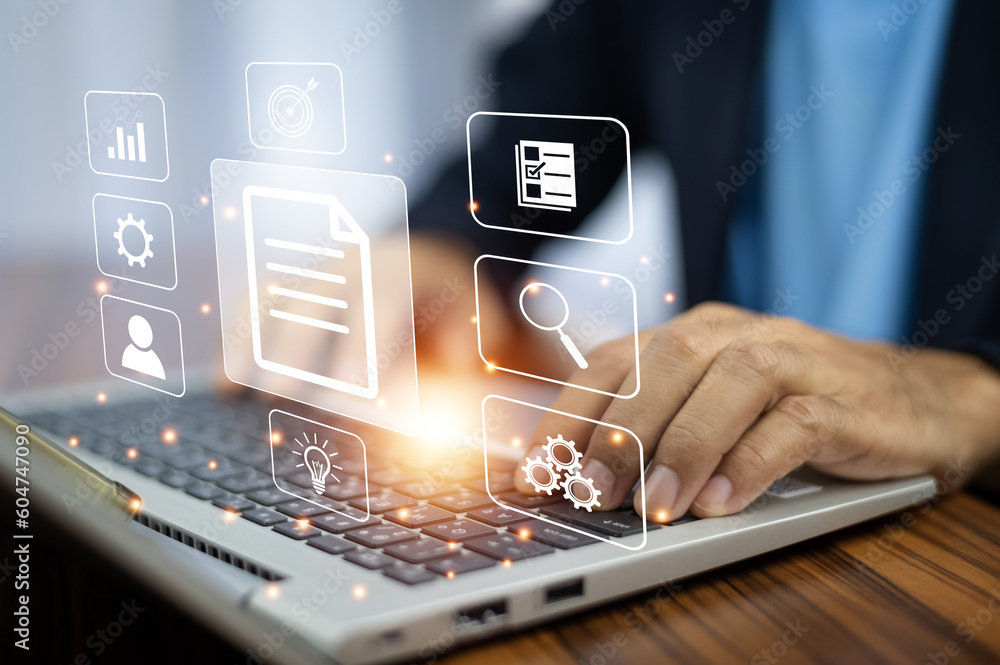 Documents management information system concept, Businessman using ...