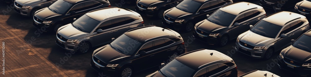 A collection of commercial vehicles forming a fleet, arranged in rows ...