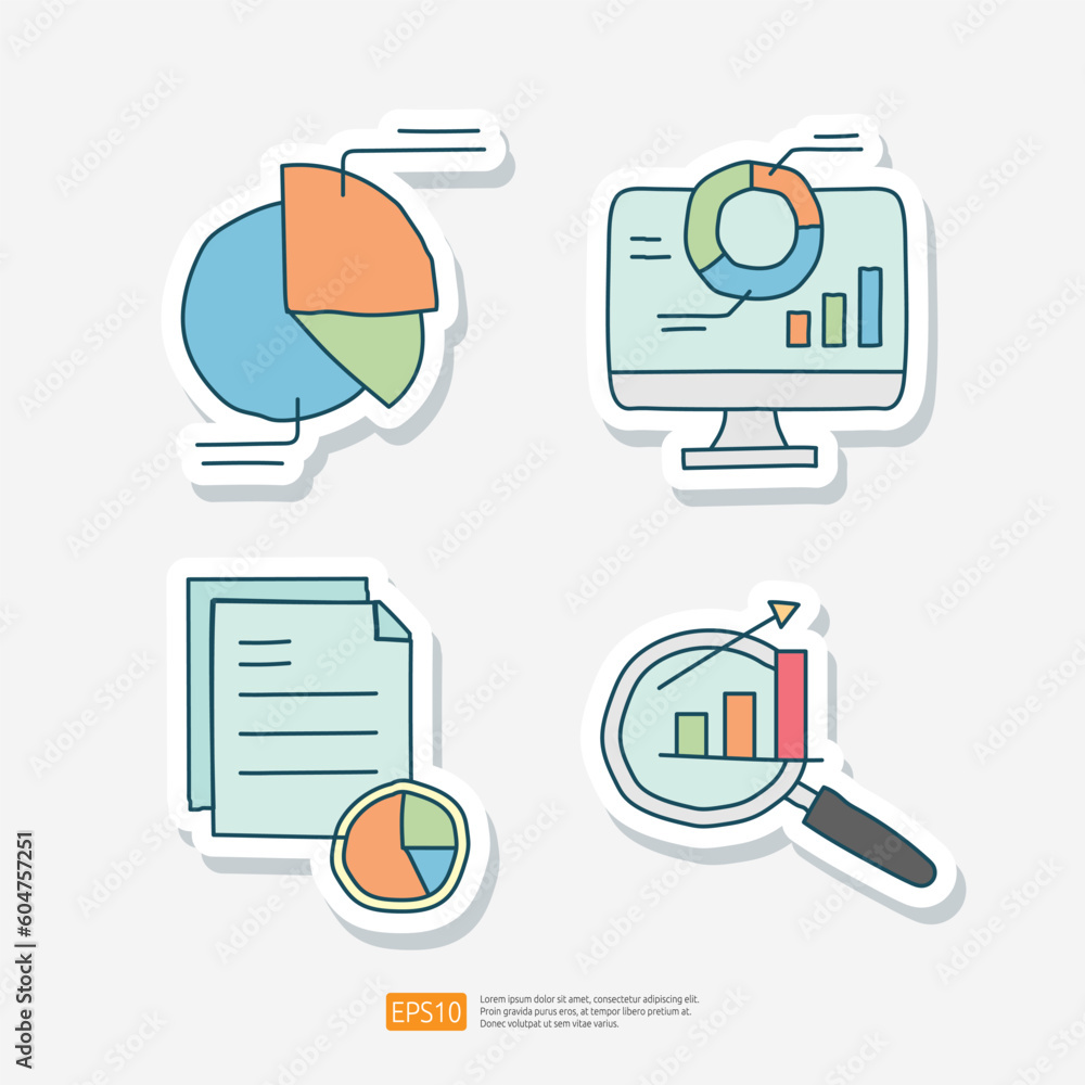 data collection and analysis concept doodle sticker icon set vector ...