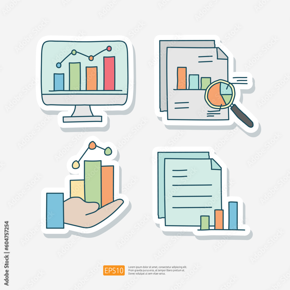 data collection and analysis concept doodle sticker icon set vector ...