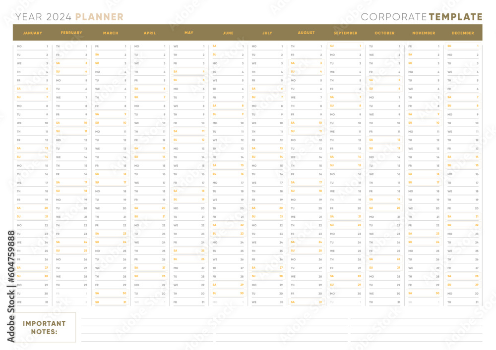 One Page Planner Template for 2024 Year. Wall Calendar Planner in a ...