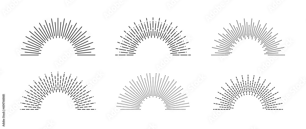 Half circle sunburst frame set. Sunrise and sunshine rays symbols pack ...