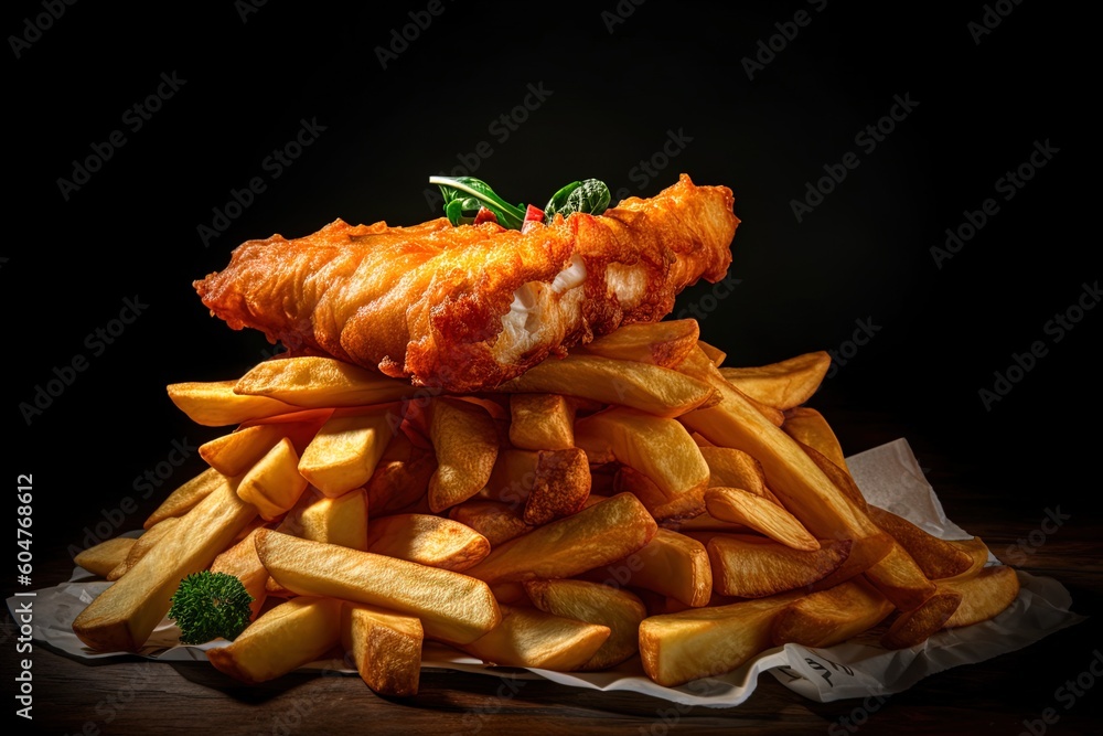 Battered cod and chips meal with black background using generative AI ...