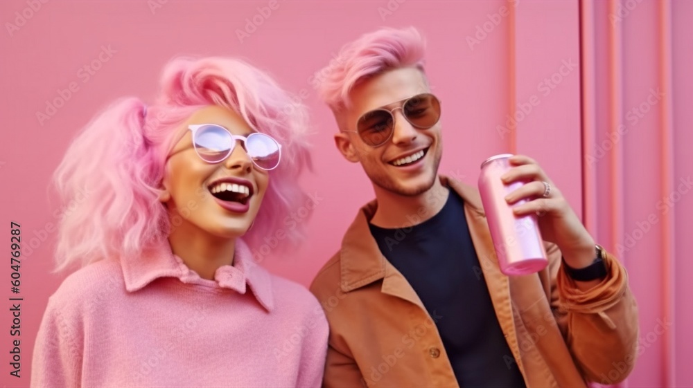 two couples enjoying themselves On a pink background, clutching a glass ...
