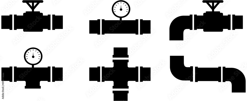 Water, oil or gas pipeline with fittings and valves. Pipeline and black ...