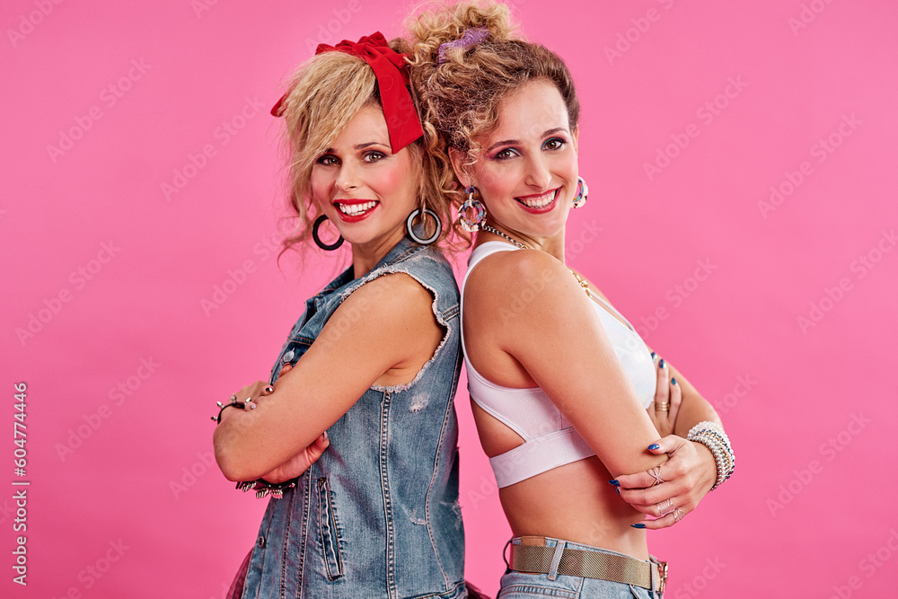 Friends, 80s fashion and portrait of happy women in studio together ...