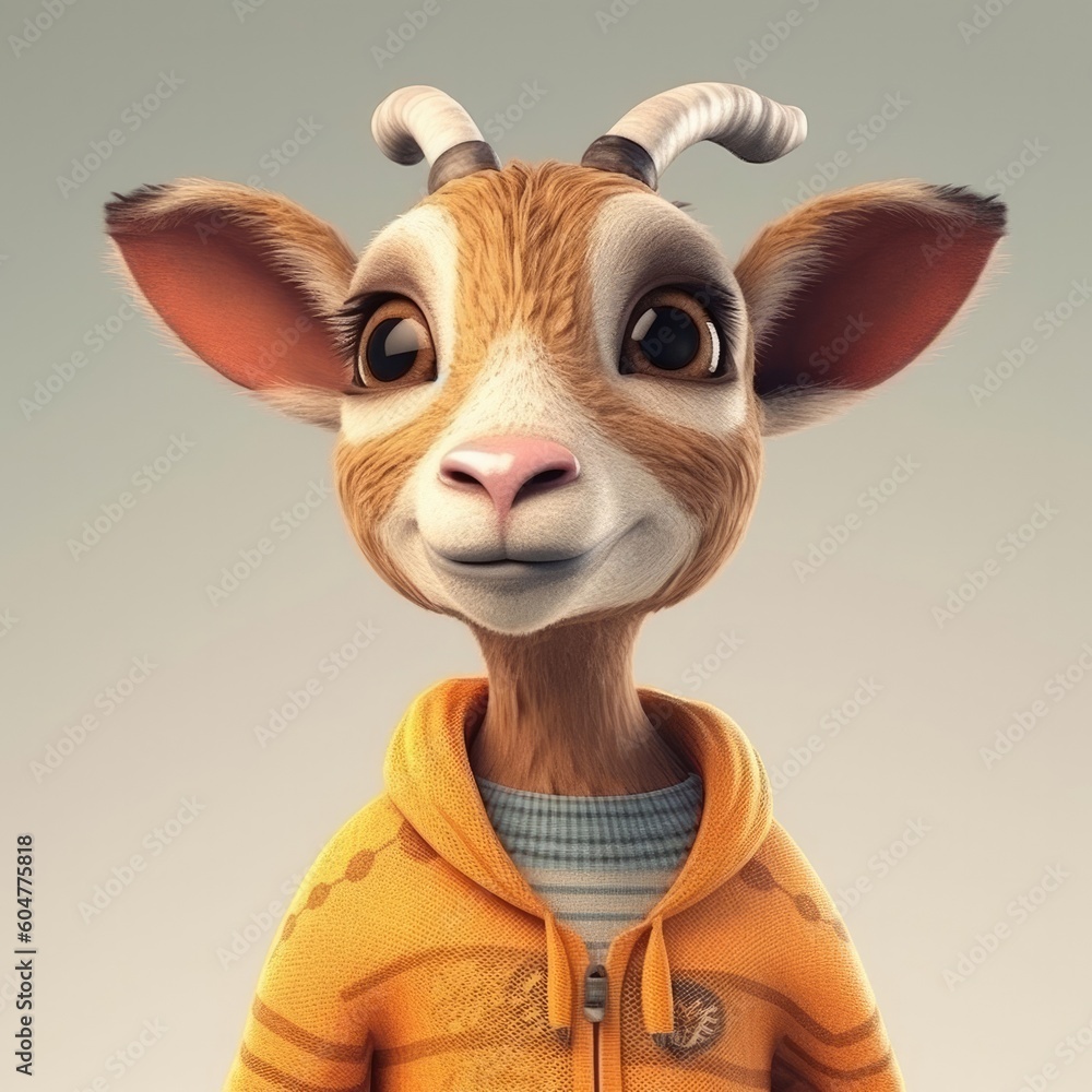 3D cartoon goad gazelle portrait wearing clothes, standing in front ...