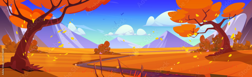 Vector autumn mountain forest landscape with path cartoon background ...