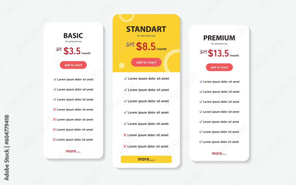 Pricing table vector UI UX design. Landing page website price list ...