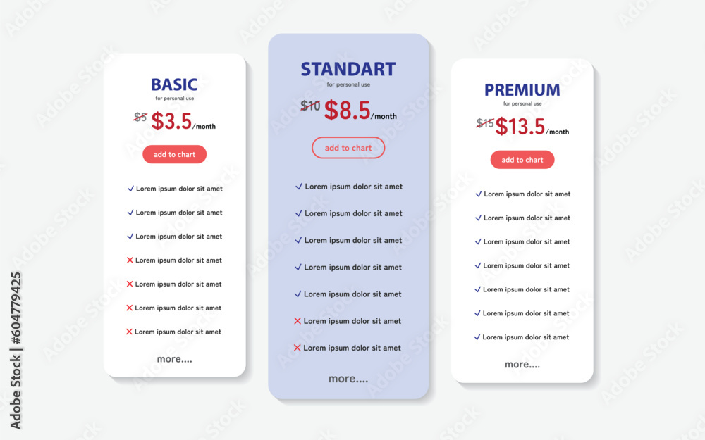Pricing table vector UI UX design. Landing page website price list ...