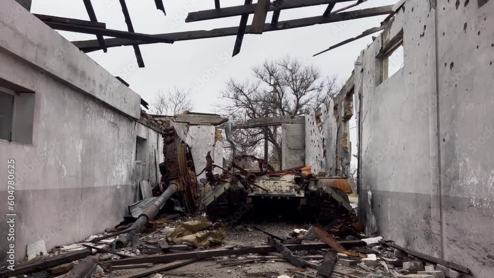 Beams of burnt roof in house destroyed by artillery shells, where there ...