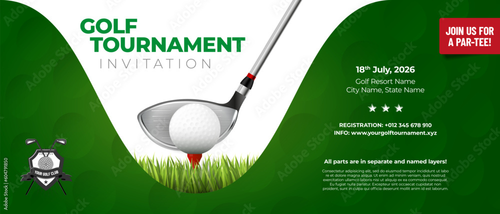 Invitation template for golf tournament with ball and stick Stock ...