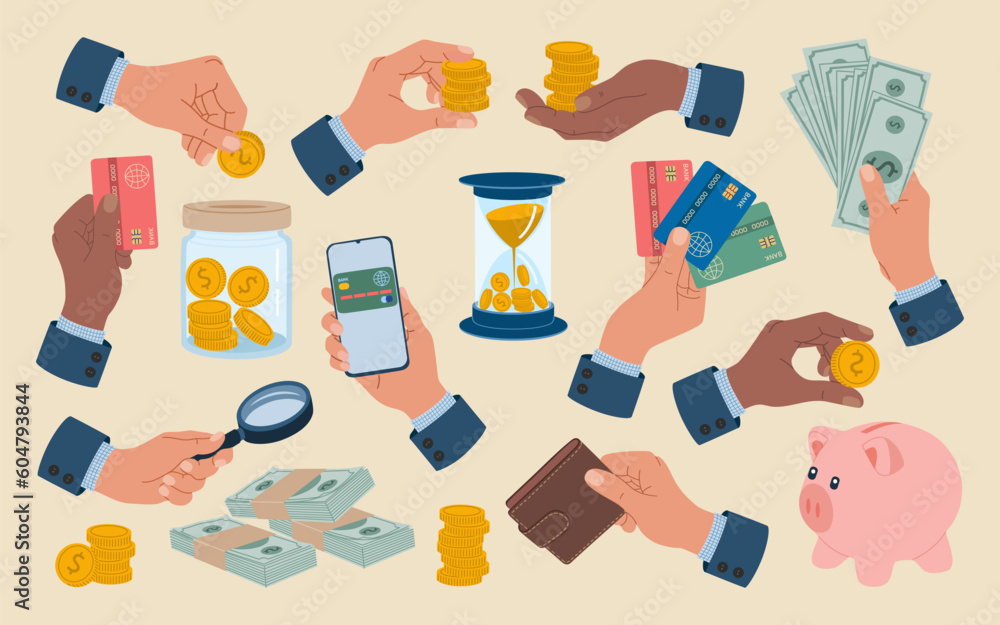 Set of diverse hands and payment methods. Arms with cash, credit cards ...