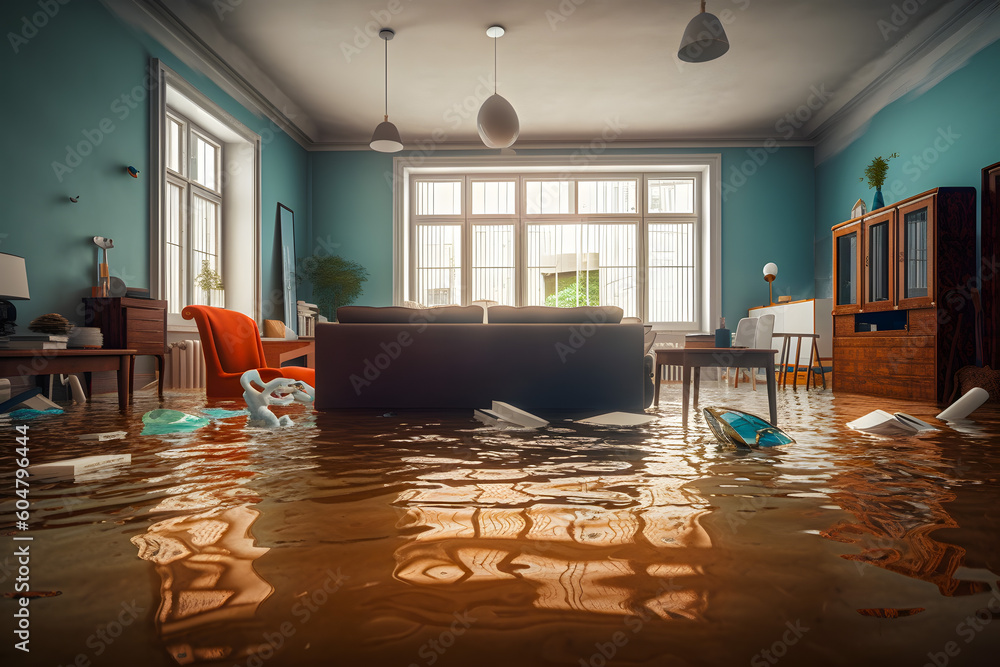 Flooded living room with water in a private house. High water level ...