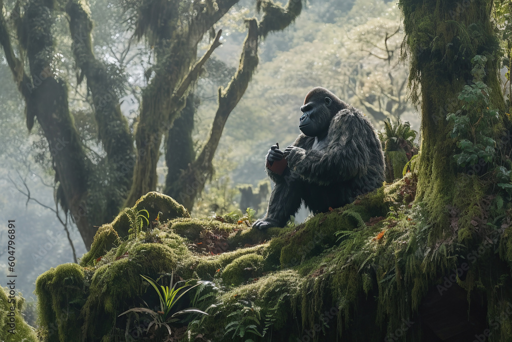 Image of the gorilla sitting under a giant tree covered with moss and ...