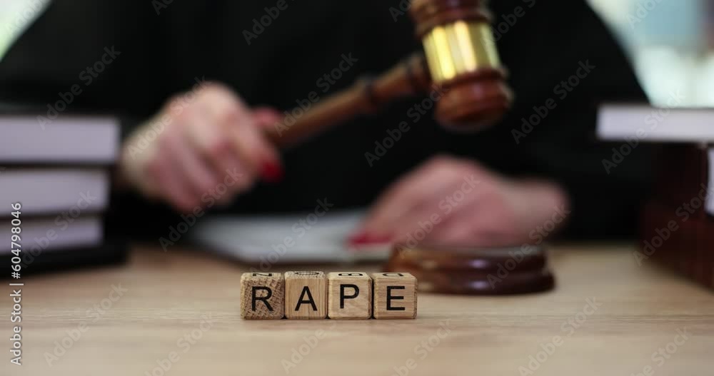 Text rape and judge with gavel in courtroom. Justice for women victims ...