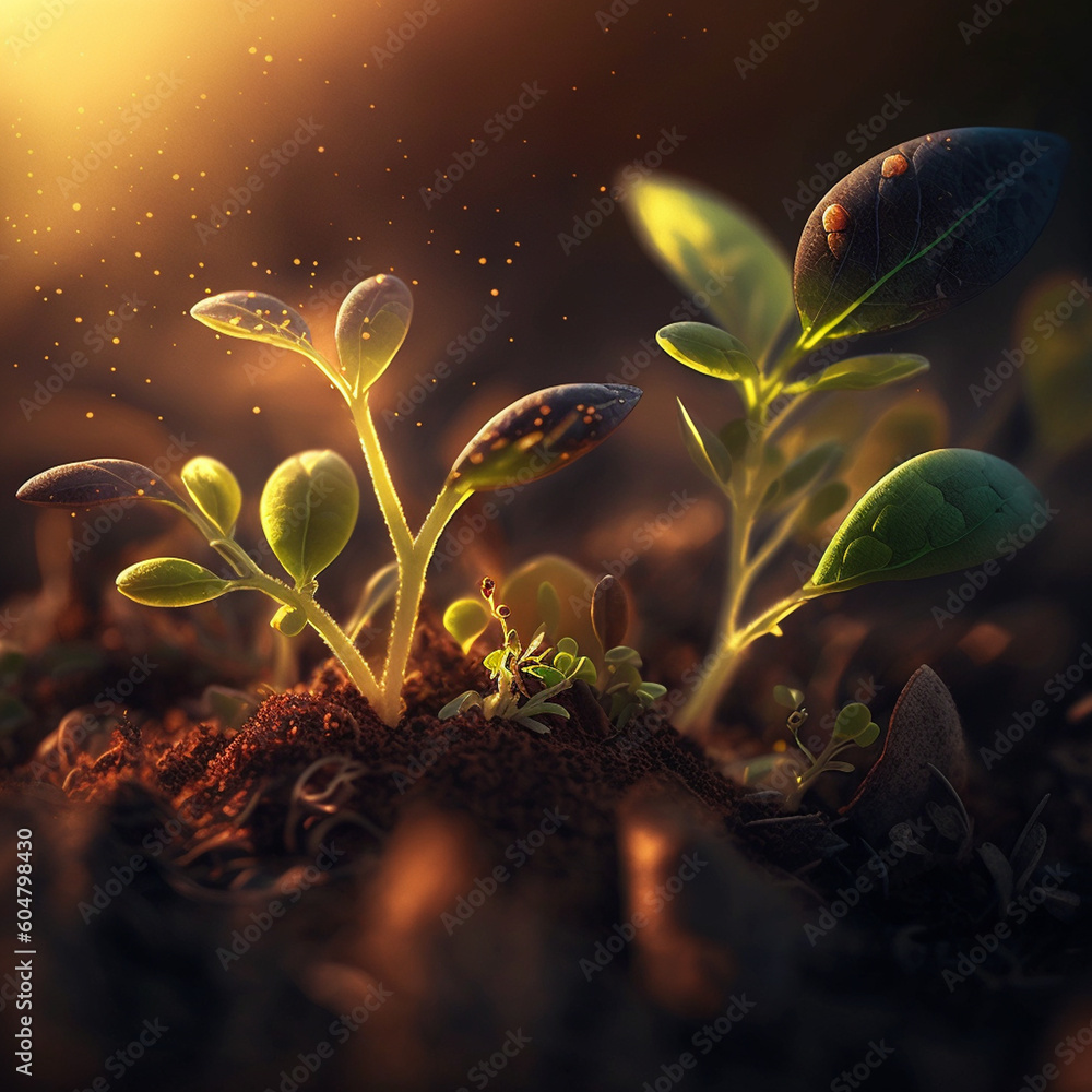 Growth plants concept in the nature morning light on green background ...