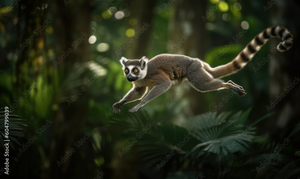 Photo of lemur, suspended mid-air in a dynamic leap, surrounded by lush ...