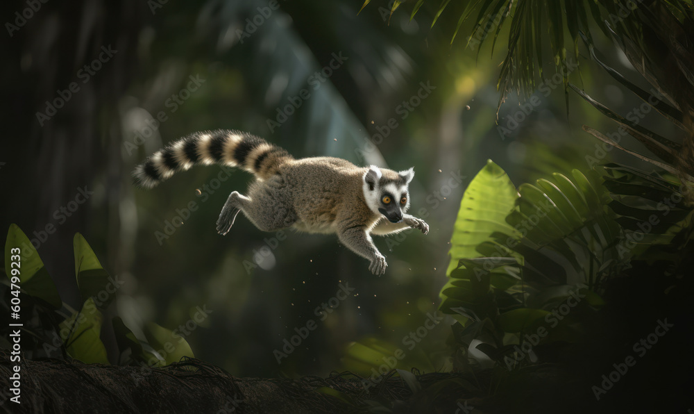 Photo of lemur, suspended mid-air in a dynamic leap, surrounded by lush ...