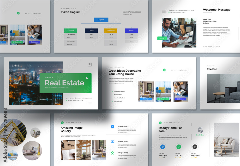 Real Estate Layout with Green Accent Stock Template | Adobe Stock