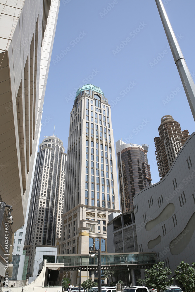 New building facades in Doha city, Qatar. Modern style in architecture ...