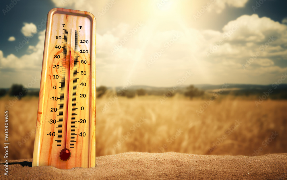 Heat, thermometer shows the temperature is hot in the sky, Summer Stock ...