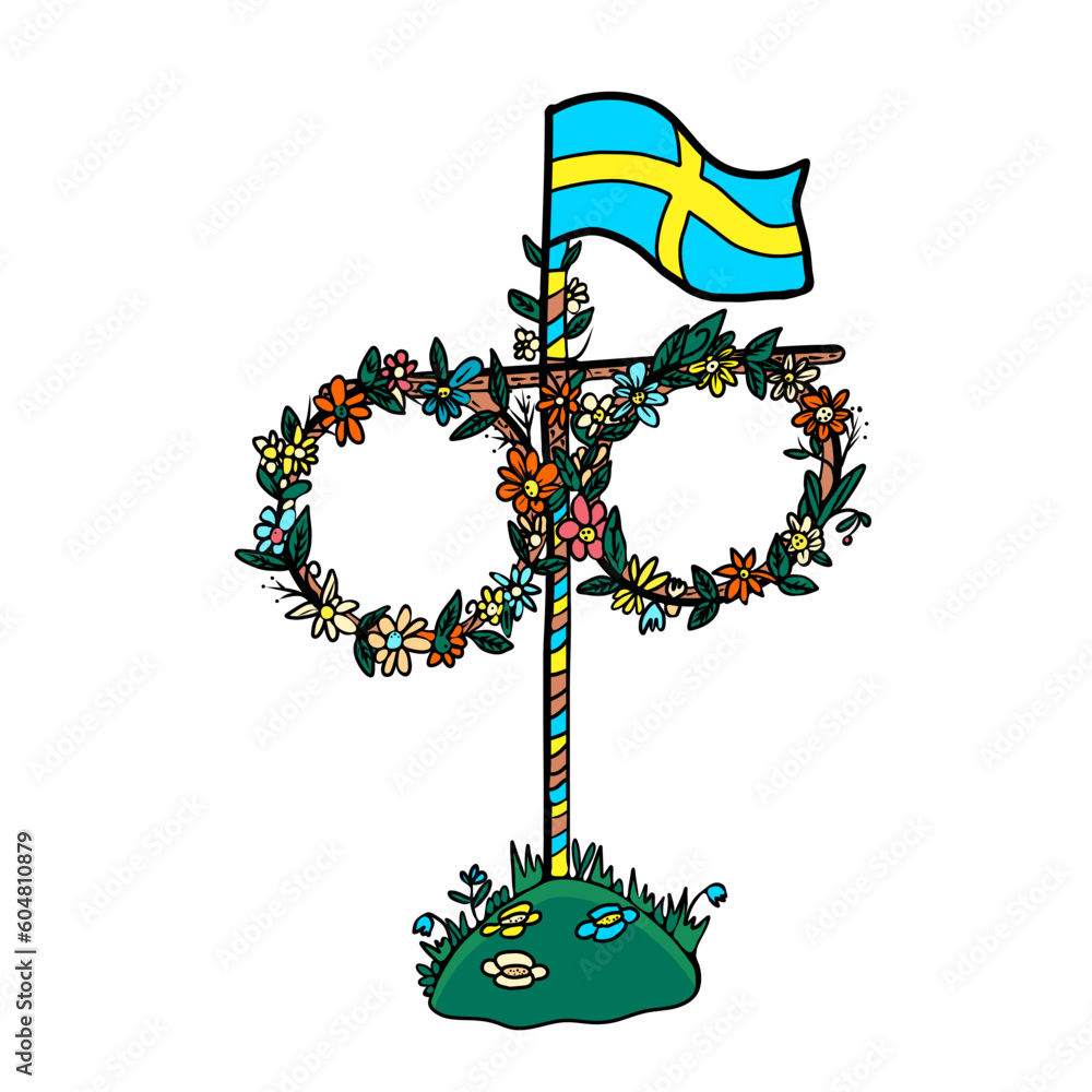 Midsummer wooden pole twined with flowers and ribbons. Template for ...