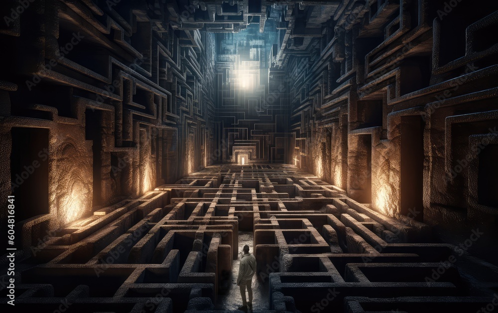 Man getting ready to enter a 3D flat labyrinth confusion concept ...