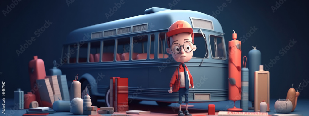 Cartoon character with a school bus, books and other objects ...