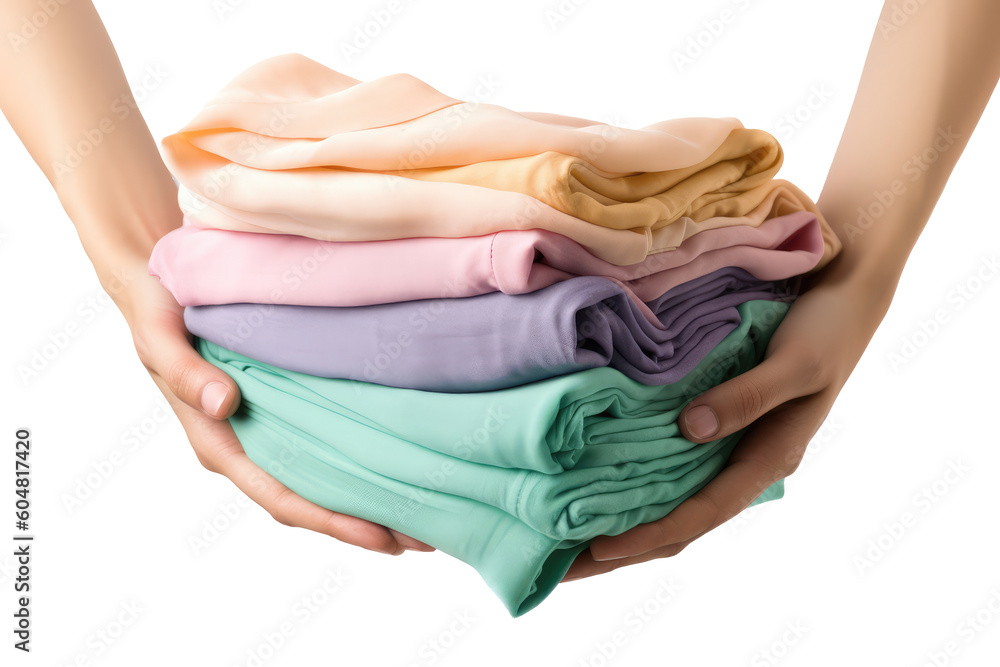 Hand holding clothes isolated on transparent background. Generative Ai ...