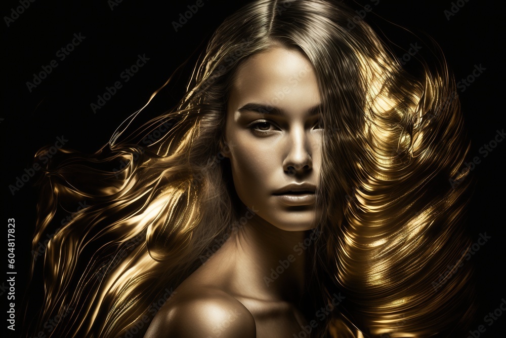 Model girl with golden make-up and long golden hair, on a black ...