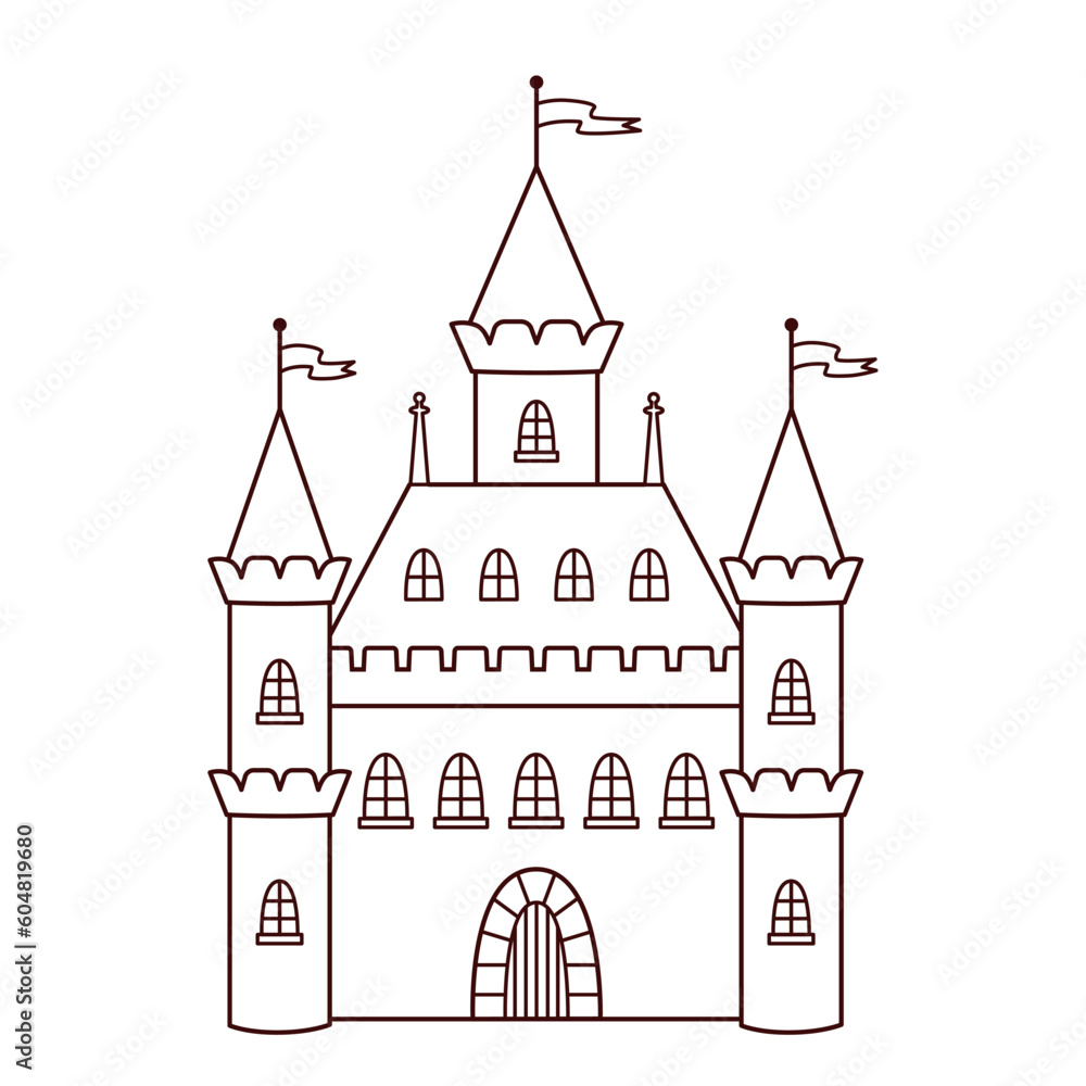 Vector medieval castle in thin line style, outline illustration of ...