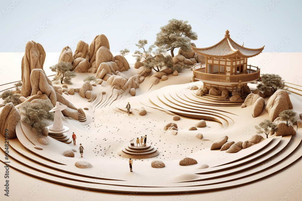 A mesmerizing paper-cut artwork of a Japanese zen garden, with cutouts ...
