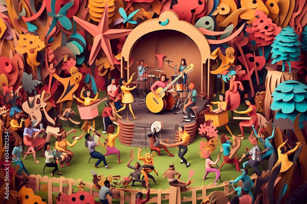 A captivating paper-cut design of a summer music festival, with cutouts ...