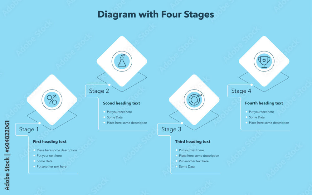 Simple diagram with four rhombus stages - blue version. Simple flat ...